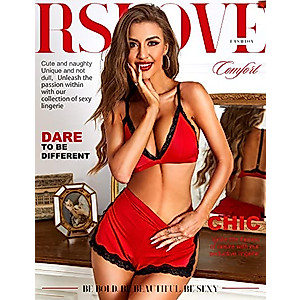 RSLOVE Sexy Pajama Set for Women Soft Lingerie Set Lace Trim Sleepwear 2 piece Pjs Shorts Set Red M