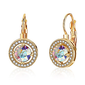 Austrian Crystal Halo Round Drop Leverback Earrings for Women 14K Rose Gold Plated Hypoallergenic Jewelry (Aurora Borealis)