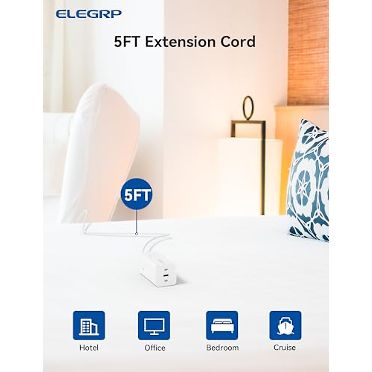 ELEGRP Travel Power Strip with 65W USB C, 3 Outlets 3 USB(2 USB-C), 5ft Extension Cord with 3 Widely Spaced Outlets, 65W USB C Fast Charging Compatible with MacBook, Travel Hotel Cruise Essentials