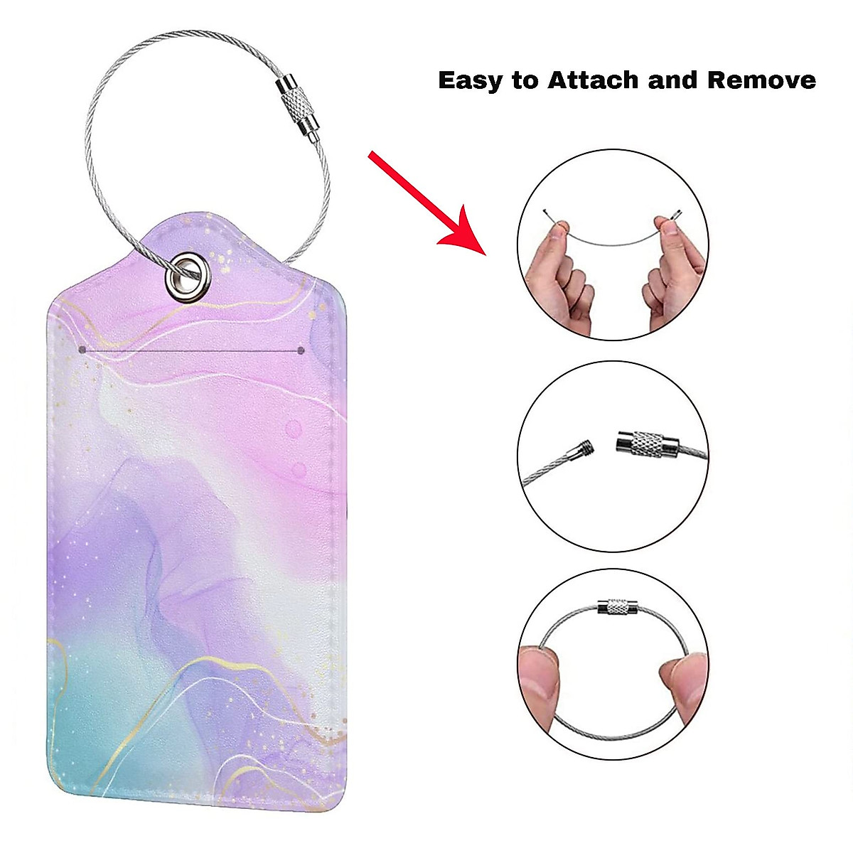 Pink Luggage Tags 2 Pack for Girls Women, Watercolor Light Purple and Cyan Blue Background Leather Suitcase Tags Identifiers, Cute ID and Name Labels with Privacy Covers for Backpack Travel Bag