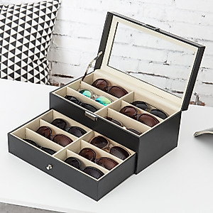 MyGift Deluxe Black Sunglass Storage Case - 12 Slot Eyewear Display Box with Glass Lid and Leatherette Trim