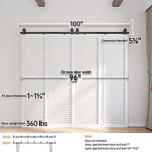 EaseLife 96" Bi-Folding Sliding Barn Door Hardware Track Kit for 4 Closet Door,Top Mount Roller,Heavy Duty,Slide Smoothly Quietly,Easy Install,Black,No Door (Track Length 100" for Four 24" Wide Door)