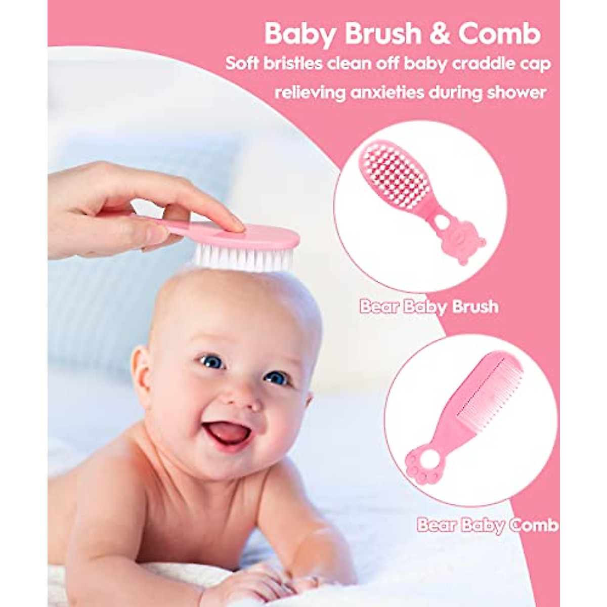 Baby Healthcare and Grooming Kit, Safety Newborn Nursery Care Set, with Hair Brush Comb, Nail Clipper, Thermometer, Pacifier Clip, Nasal Aspirator for Newborn Infant Baby Girls Boys (Pink)