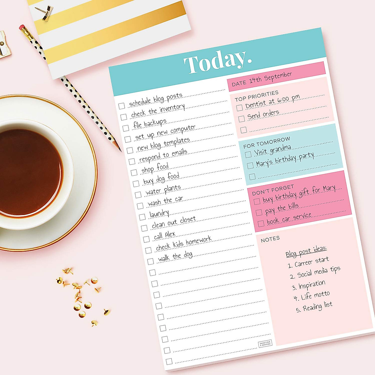 Sweetzer & Orange Daily Planner 2023, Undated Planner To Do List Notepad. 7x10” Day Planner Note Pad. Checklist Productivity Organizer, Work Planner, Academic Planner, Daily To Do List Planner