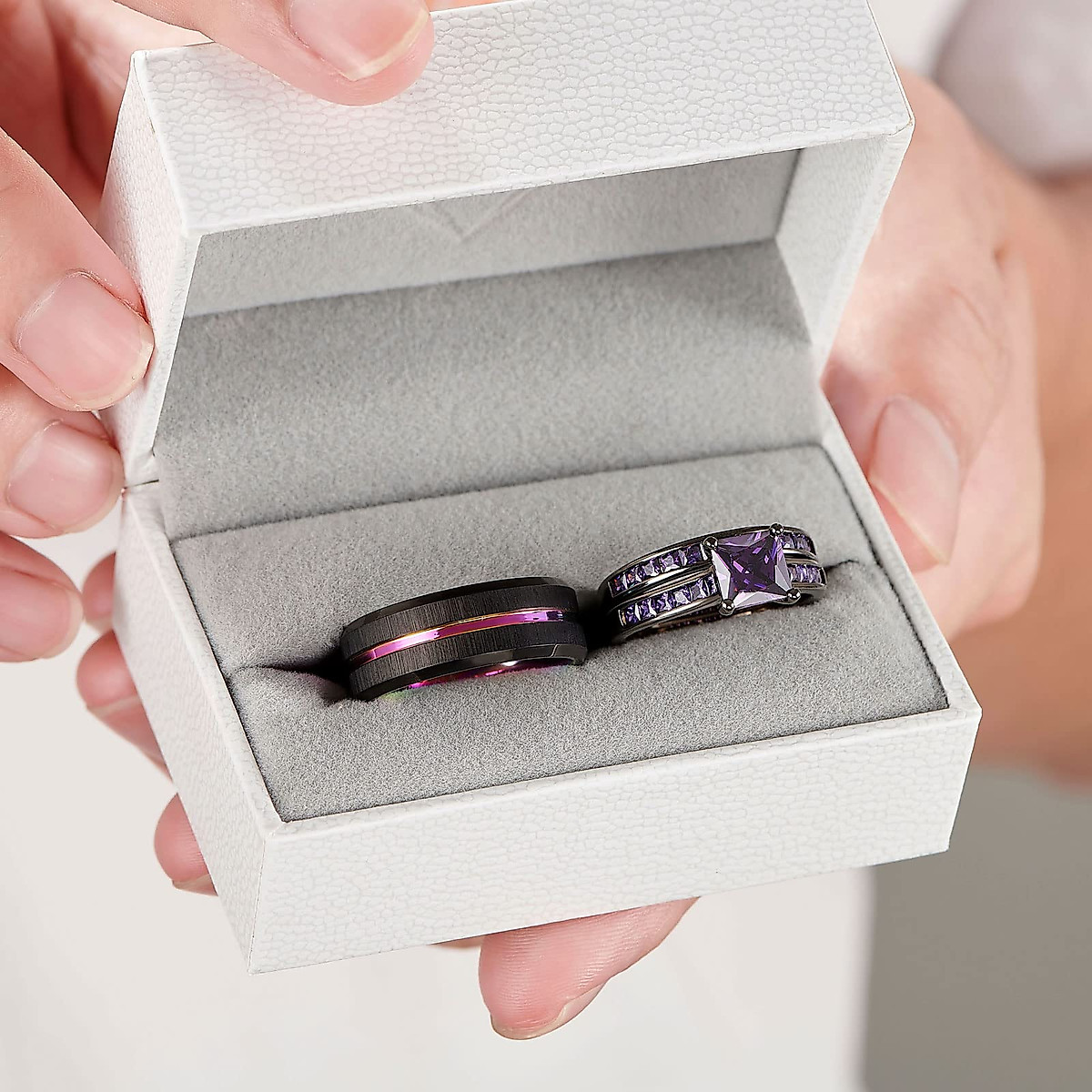 SHELOVES Black Plated Couples Women Purple Wedding Rings Sets His and Hers Men Tungsten Wedding Band 11+8.5