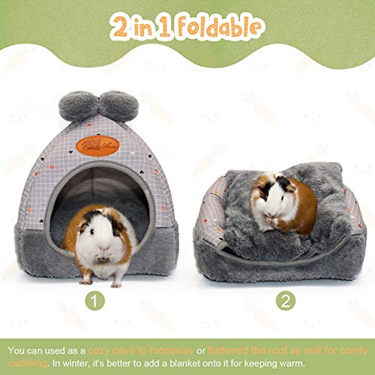 YUEPET Bunny Bed Warm Guinea Pig Cave Beds Cute Bowknot House Big Hideouts Cage Accessorie for Dwarf Rabbits Hamster Bunny Ferrets Rats Hedgehogs Chinchilla (Grey)