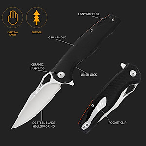 HANSHI Premium D2 Steel Blade G10 Handle Sharp Folding Pocket Knife with Clip for Men,Razor Tactical Knife Self Defense for Survival Hunting Camping Hiking Outdoor Gift,Foldable EDC Knife with Liner Lock for Women (black)