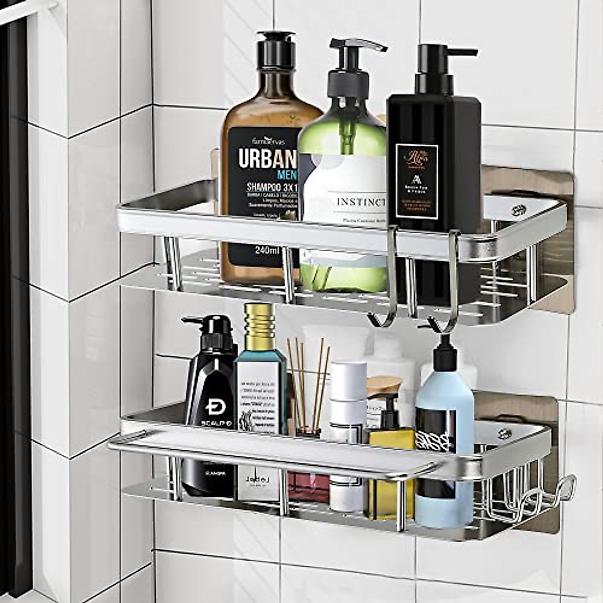 Shower Caddy Bathroom Shower Organizer, Adhesive Shower Caddy No Drilling Shower Storage,Shower Shelves for Inside Shower Rustproof Shower Rack Silver 2 Pack