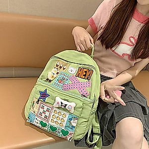 Hopecn Y2K Backpack With Kawaii Accessories Star Patch Aesthetic Canvas Bookbag Vintage Fashion Casual Goth Backpacks.(Patch1-Green2)