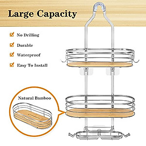Fogein Shower Caddy Over Shower Head, Hanging Shower Caddy, Shower Basket with Suction Cup, Bathroom Shower Caddy Over The Door with Bamboo Board Hook & Soap Box, No Drilling(3 Tier, Silver)