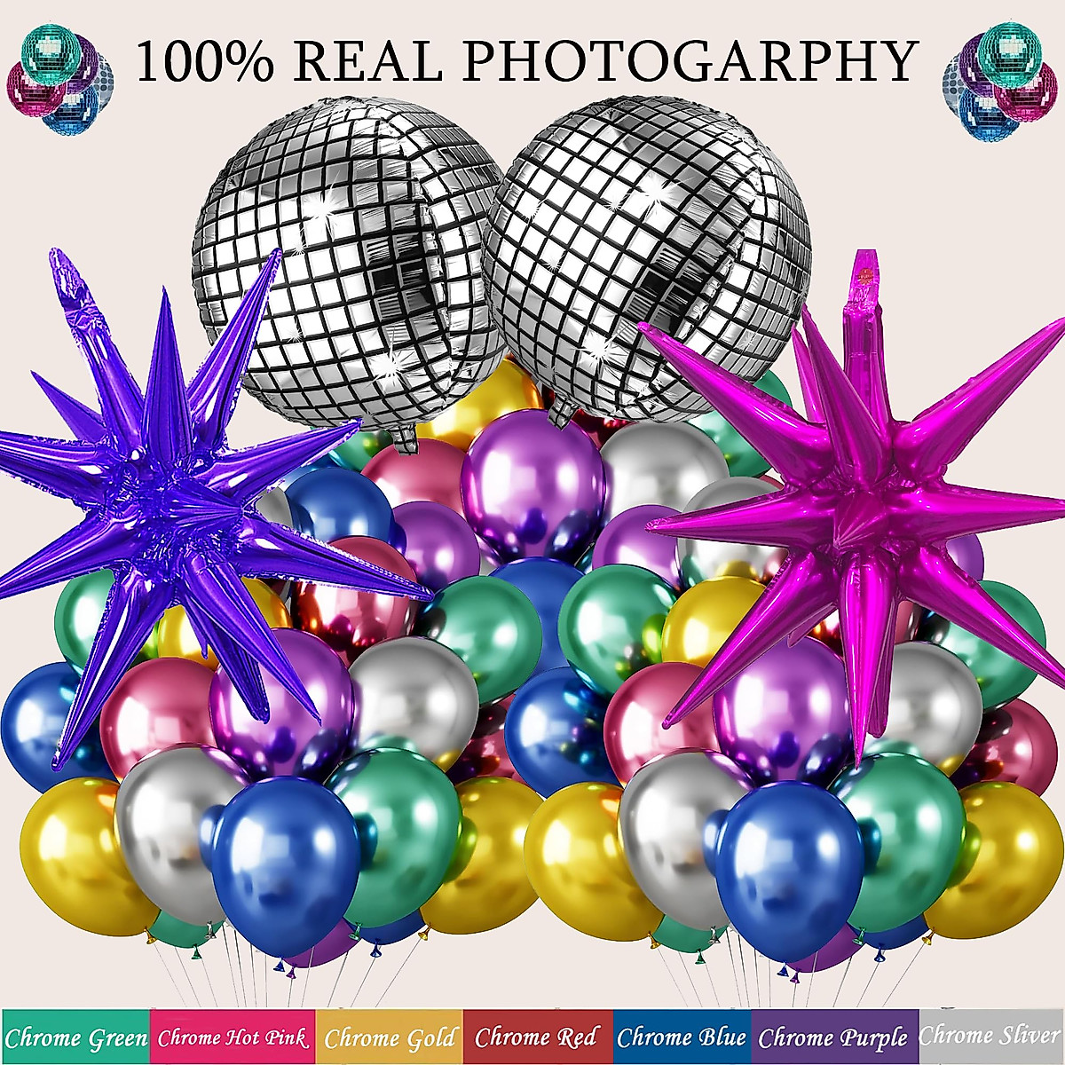 Woaipati 161pcs Shiny Chrome Balloon Garland Arch Kit Retro Disco Dance Party Decorations with 4D Disco Ball Balloons and Explosion Star Foil Balloons for 80s 90s Theme Neon Birthday Galaxy Supplies