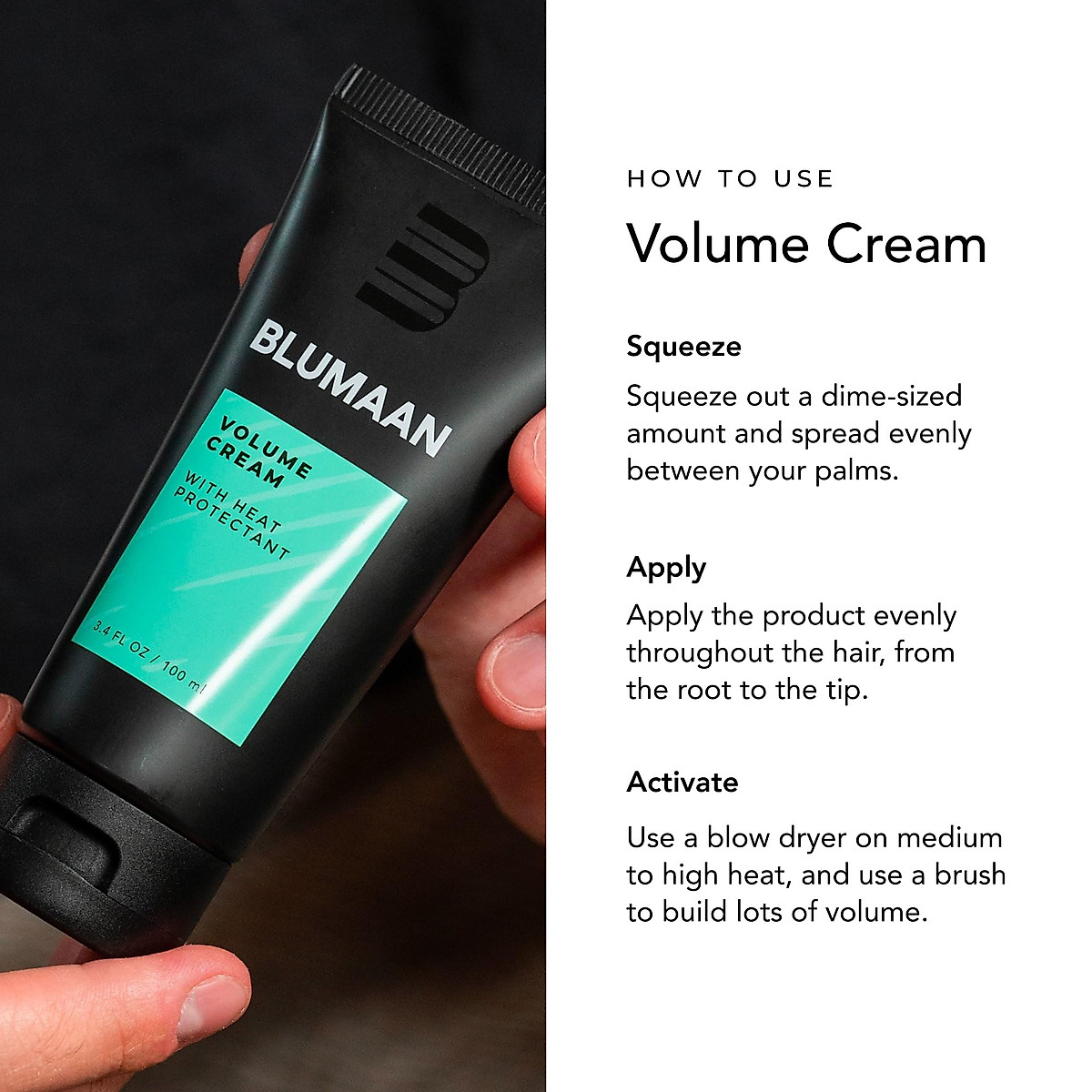 BluMaan Volume Cream - Adds Enhanced Volume for Fine, Flat & Thin Hair - Heat Protecting Formula - Thickening Effect for Thinning Hair - Volumizing Styling Cream for Men & Women - 3.4 oz