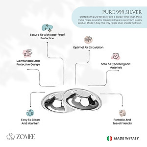 Zomee Original Silver Nursing Cups - Nipple Shields for Nursing Newborn - Breastfeeding Essentials - Tri-Laminate Silver Protect and Soothe - Nipple Covers - Made in Italy (Standard)