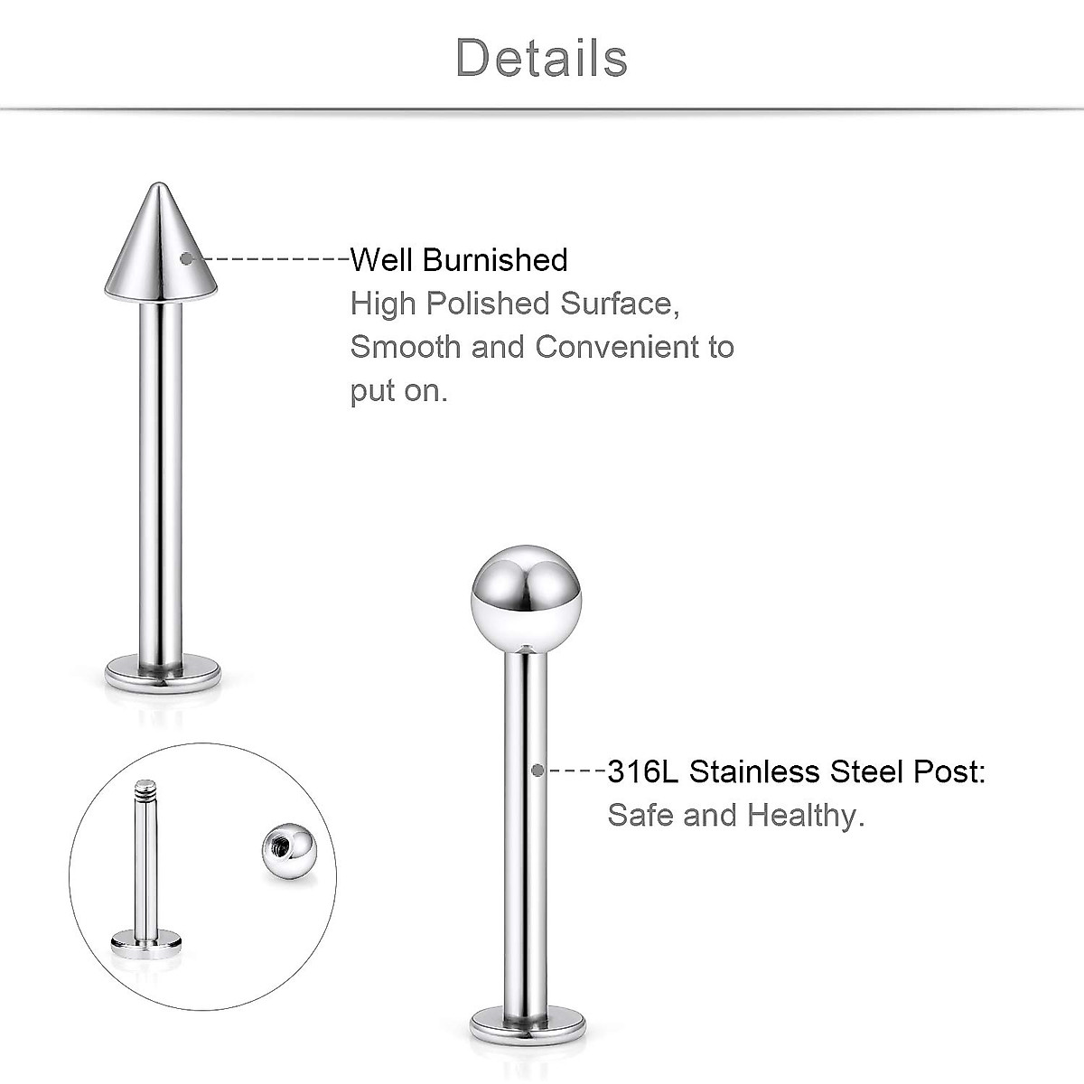 SCERRING 12PCS 16g Stainless Steel 3mm Balls & Spikes Labret Monroe Lip Tragus Cartilage Helix Earring Ring Body Piercing Jewelry 10mm - Silver