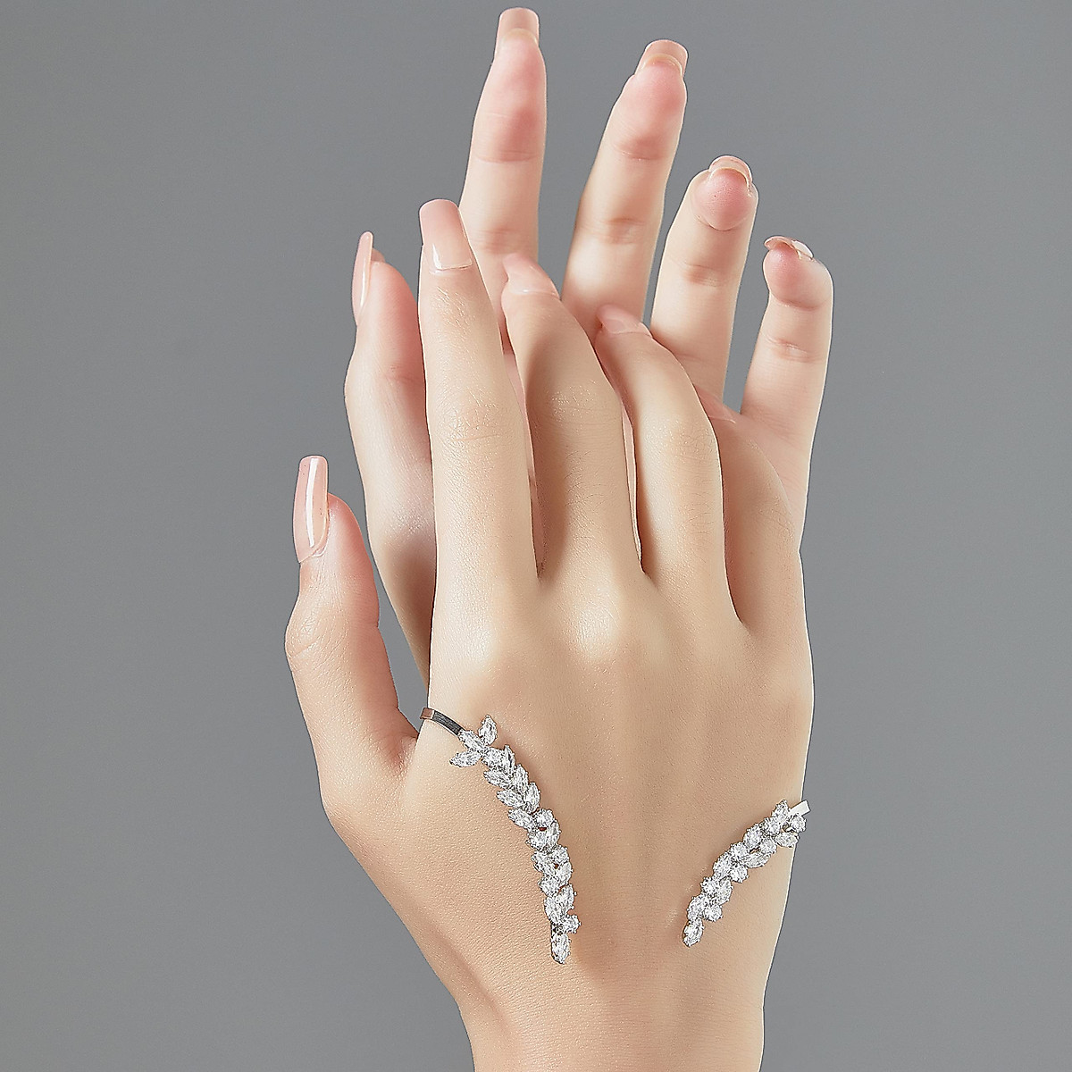 Mytys Silver Adjustable Palm Rings for Women-Cubic Zirconia Open Hand Palm Bracelet Ring-Full CZ Multiple Finger Ring (Hope Leaf Silver)