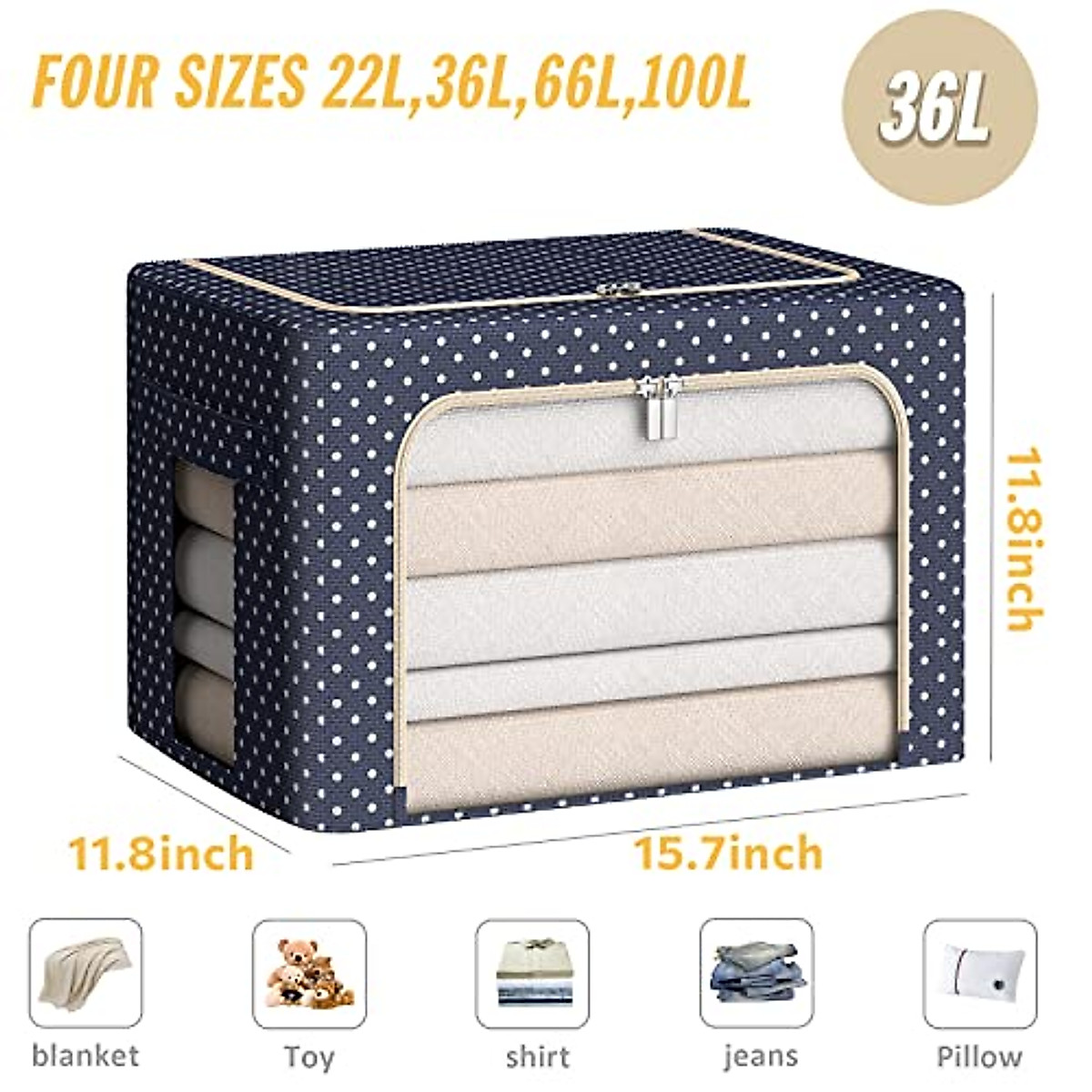 3 Pack Clothes Storage Organizer Bins - Foldable Metal Frame Storage Bins Stackable Oxford Cloth Fabric Container Organizer Set with Carrying Handles and Clear Window (Medium-36L, Navy Blue)