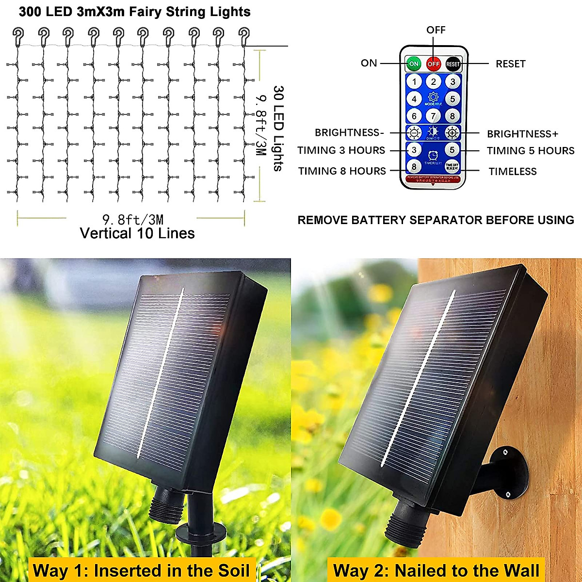 Upgraded Solar Curtain Lights Outdoor Garden Fairy String Lights 300 LED 8 Modes Remote Control Waterproof Solar Waterfall Lights for Gazebo Patio Party Festival Wedding Christmas Decorations(Warm)