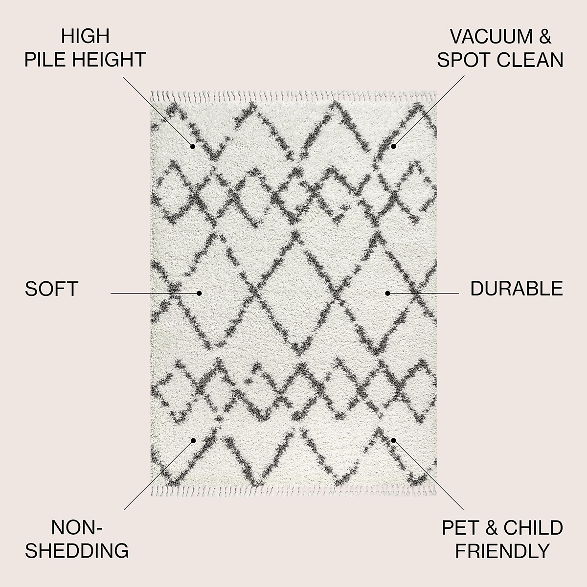 JONATHAN Y MCR102B-8 Mercer Shag Plush Tassel Moroccan Tribal Trellis Geometric Indoor Area-Rug Bohemian Contemporary Easy-Cleaning Bedroom Kitchen Living Room, 8 X 10, Cream/Grey