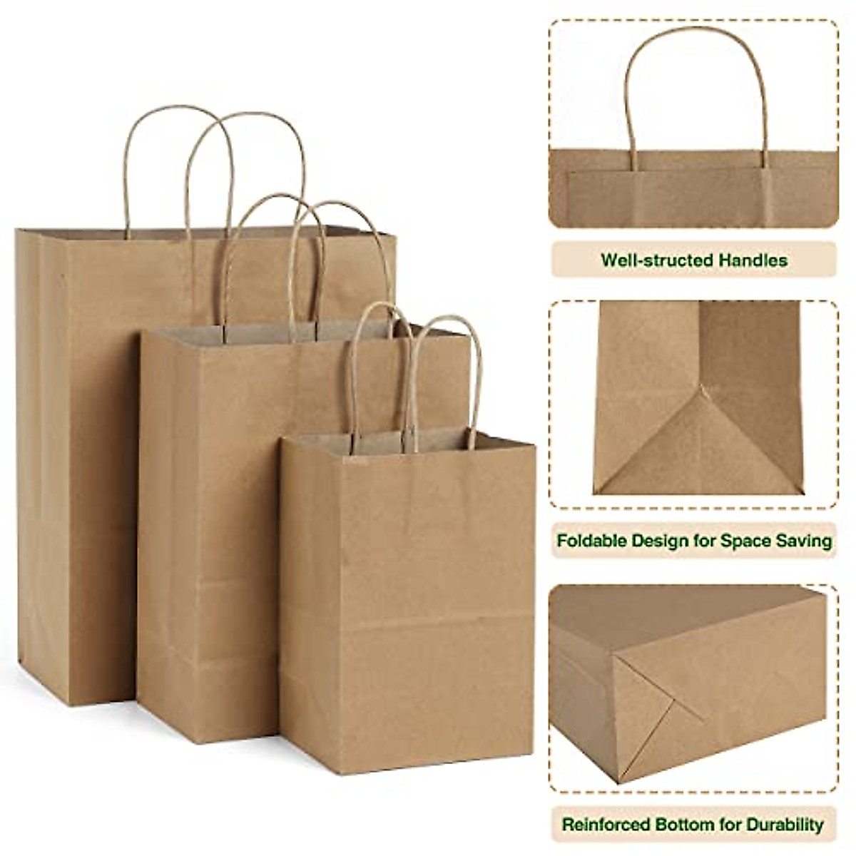 Poever Brown Paper Bags with Handles 5.25x3.75x8 Kraft Paper Bags 50 PCS, Small Gift Bags Shopping Bags Party Bags Goody Bags Grocery Bags Recyclable for Birthday Takeouts
