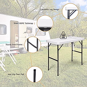 PETSITE Fish Cleaning Table, Portable Camping Sink with Faucet, Outdoor Picnic Foldable Washing Table, White