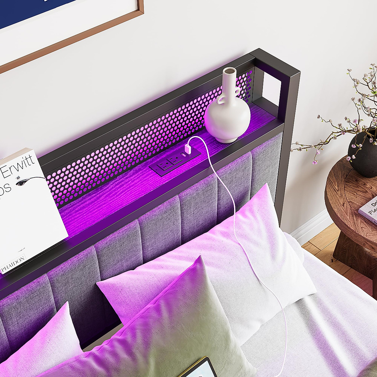 BOFENG Full Size Bed Frame with Storage Headboard/LED Lights,Heavy Duty Metal Upholstered Platform Bed Frame Full Size with Charging Station,Heavy Duty Metal Slats,No Box Spring Needed,Noise Free,Grey