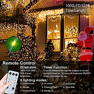 Honadar Christmas Rope Lights,1000LED/328Ft Outdoor Decorative String Strobe with 8 Modes/Remote/IP67 Waterproof/Timer/Memory Function for Xmas Holiday/Wedding/Party/DIY/Garden/Patio/Atmosphere Decor