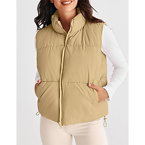 MEROKEETY Women's Quilted Puffer Vest Lightweight Stand-up Collar Soild Color Warm Outewear, Khaki, Small