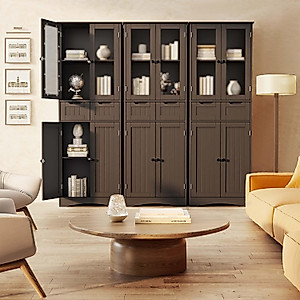 Gizoon 67" Tall Storage Cabinet, Freestanding Kitchen Pantry Cabinet with Glass Door & 2 Shelves & 2 Drawers, Stylish Linen Storage Cabinet for Home, Bathroom, Living Room, Office, Dark Brown