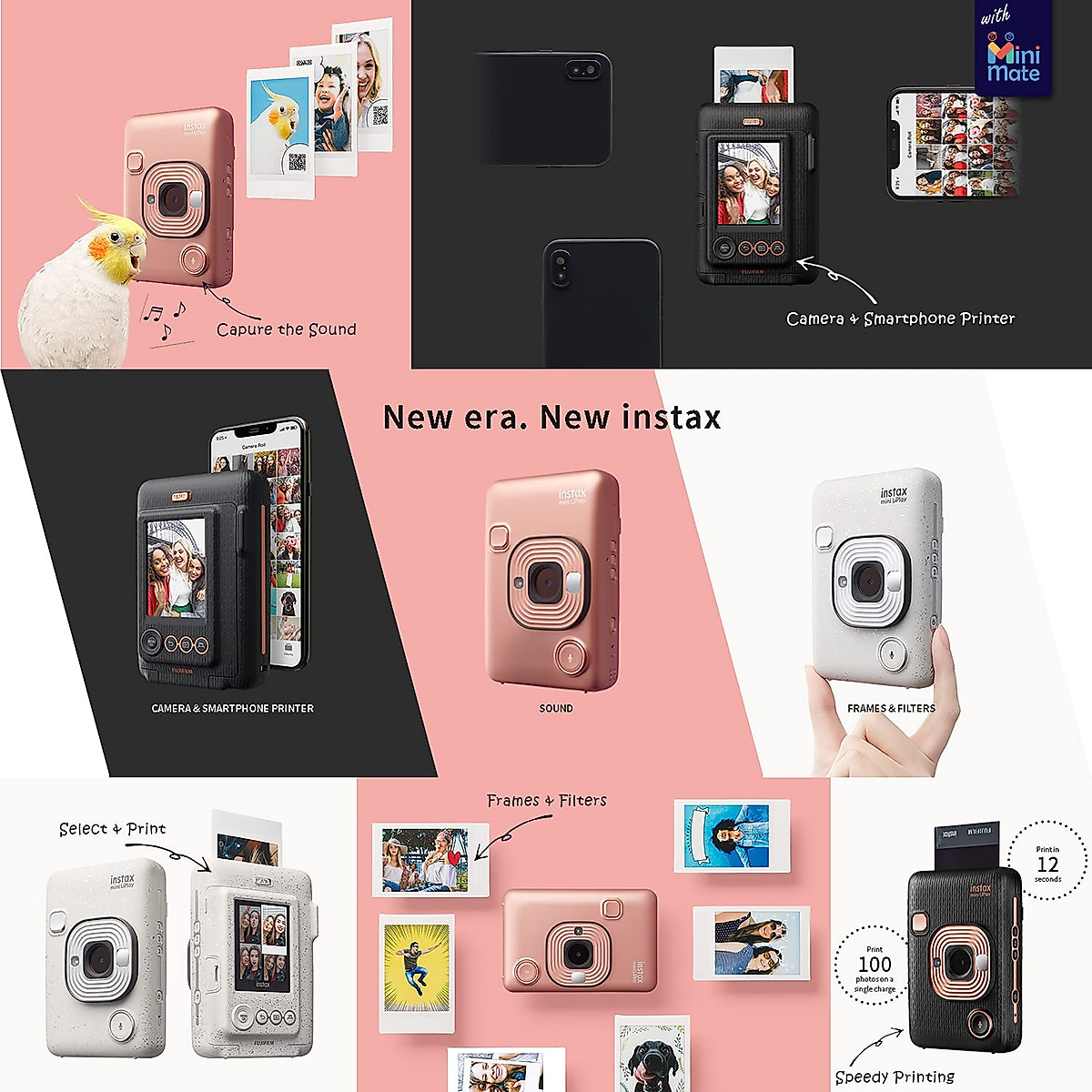 Fujifilm Instax Mini LiPlay Hybrid Instant Camera Elegant Black + Fuji Instax Film Value Pack (40 Sheets) 32GB Accessories Bundle 5 Plastic Desk Frames + 10 Paper Frames Plus 60 Sticker Frames