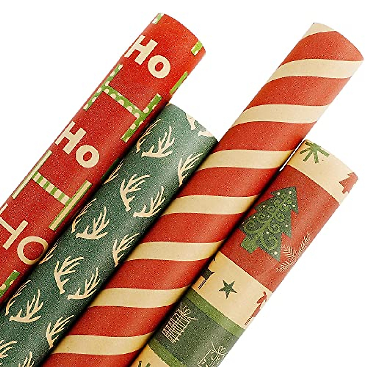Lulu Home Christmas Wrapping Paper Set, 10ft x 30inch - 4 Rolls (100 sq. ft. ttl.) Kraft Brown Wrapping Paper, Assorted Rustic Thick Gift Jumbo Wrapping Paper for Xmas Holiday Present Packaging