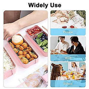 MOAMUN 2PCS Stackable Bento Box, 3-In-1 Bento Lunch Box with Spoon and Fork, Japanese Lunch Box with 2PCS Mini Condiment Squeeze Bottles, Meal Prep Containers for Kids and Adults (Green+Beige)