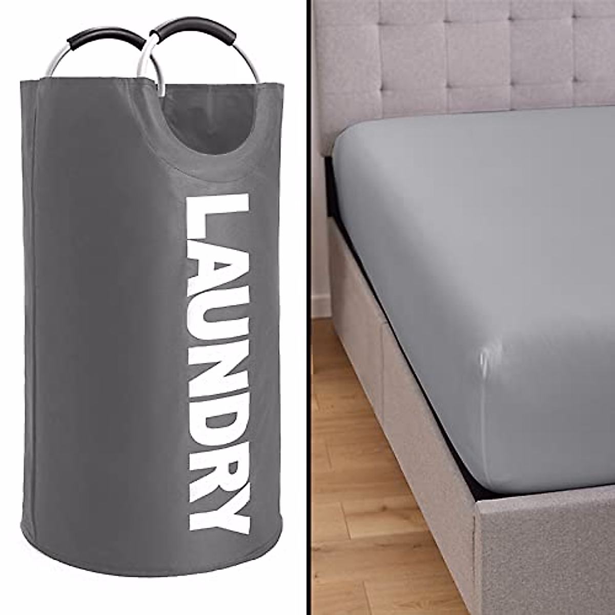 Gorilla Grip Laundry Basket and Fitted Bed Sheet, Laundry Bag Size 82L in Gray, Easy Carry Handles, Bed Sheet Size Twin in Gray, Shrink Resistant Deep Pocket, 2 Item Bundle