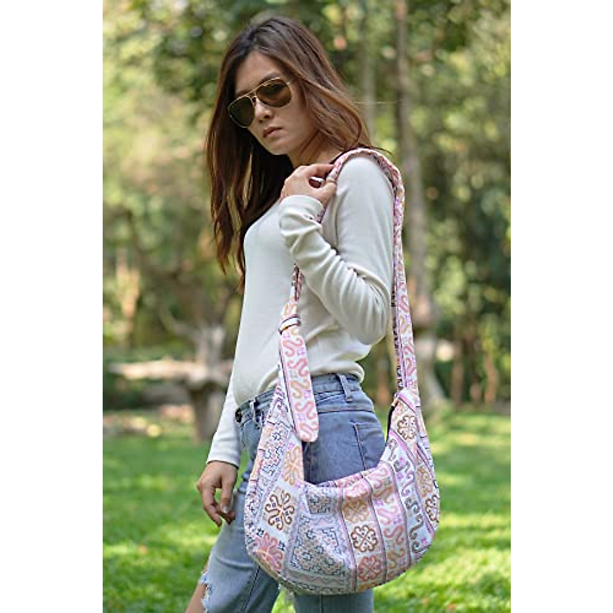 Your Cozy Women's Crossbody Handbags Hippie bag Boho Hobo Bags for Women Shoulder Sling Bag Hippie Tote Bag Handmade Cotton Hippie Purse with Adjustable Strap (Tribe_White)
