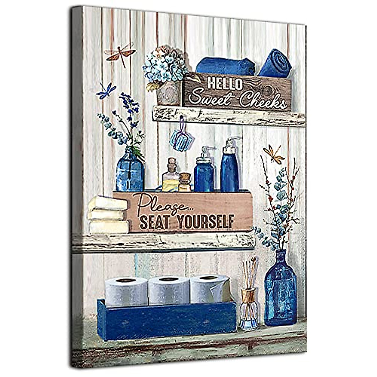 fengyuyi Bathroom Wall Art Canvas Prints Navy Blue Bathroom Sign Picture Stretched and Framed Ready to Hang for Bathroom Decor 12x16inch