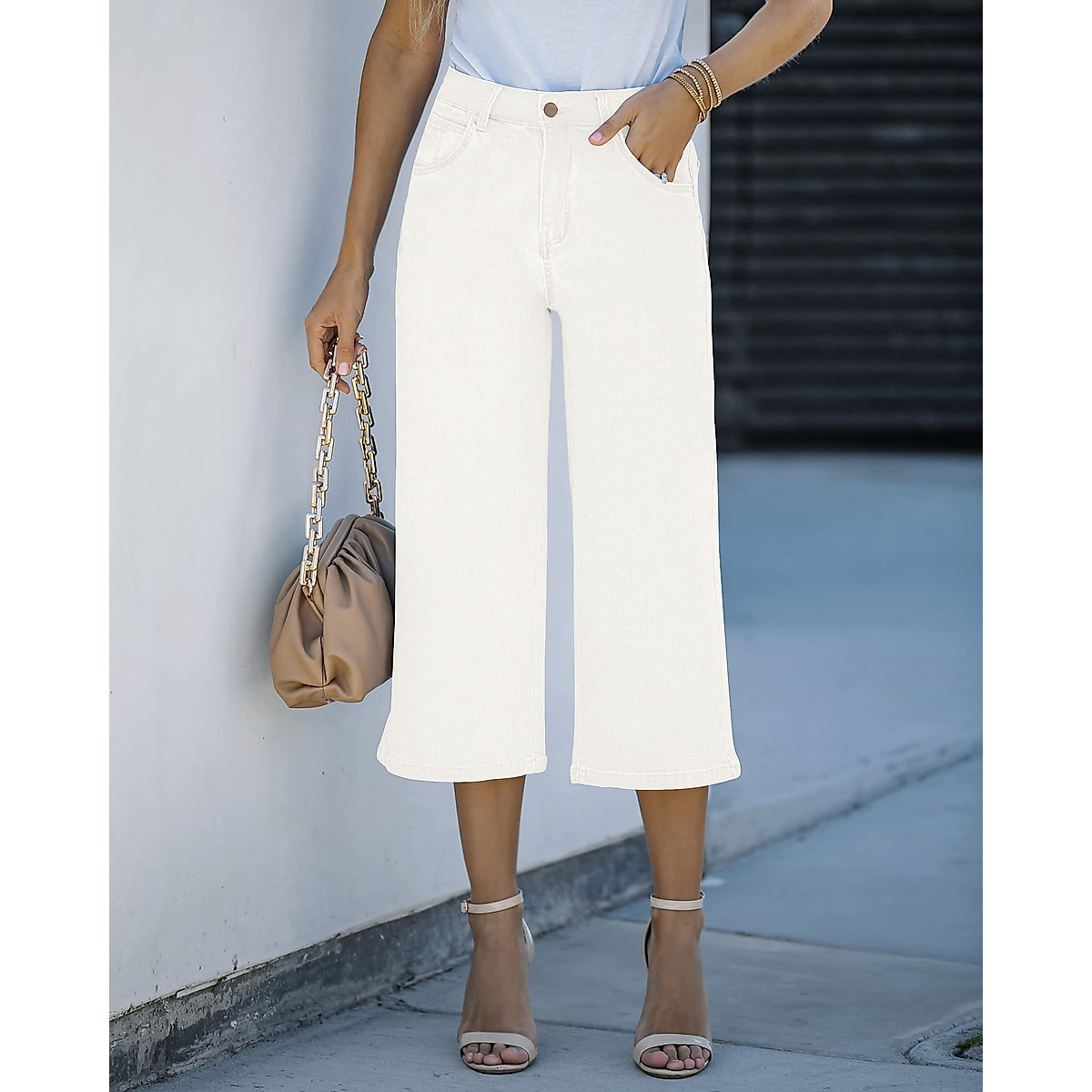 Vetinee Women's High Waisted Capri Pants, Denim Jeans, X-Large, Brilliant White