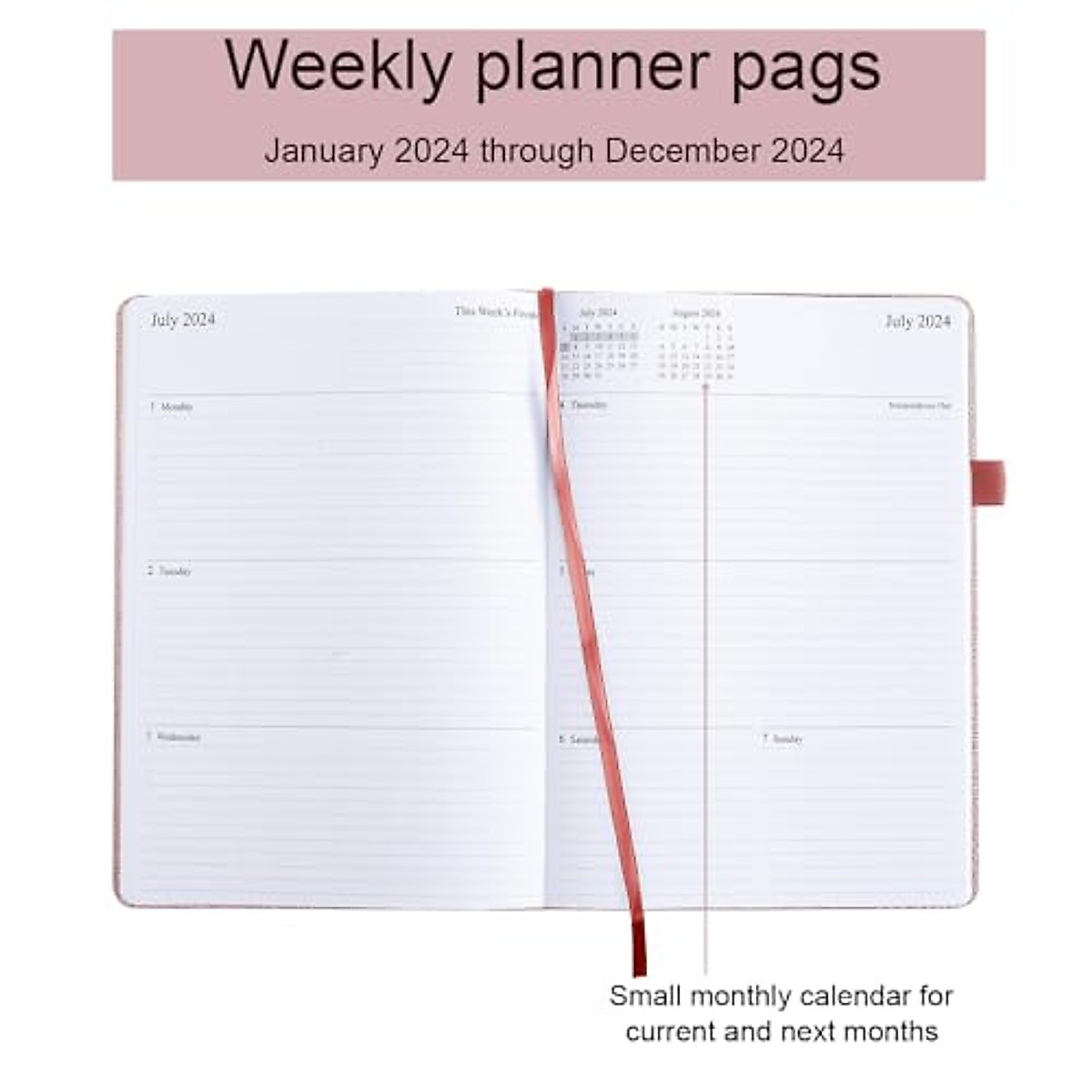 2024 Planner - Weekly Planner with Monthly Pages, 5.6" x 8.2", Vegan Leather Hardcover, Elastic Band and Pen Holder, Rose