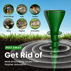 ReOasis Solar Powered Mole Trap with Screw-Shape Stakes, 4 Pack Mole Repellent for Lawns, Ultrasonic Mouse Repellent, Snake Gopher Vole Repellent for Outdoor, Garden, Lawn, Yard, Farmland