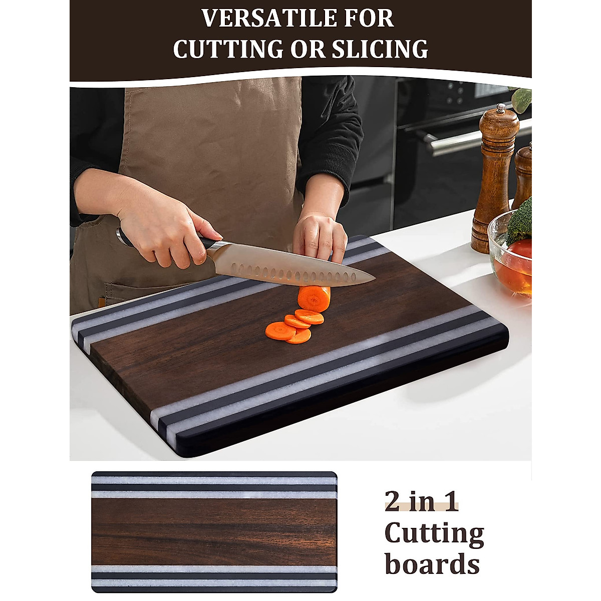 Fkksparkler Marble and Wood Cutting Boards, 14 X 7 inches Charcuterie Boards, Acacia Wood Serving Board for Kitchen, Cheese Board with Black and White Marble Edges Trays For Serving Food.