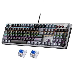 Mechanical Gaming Keyboard, RGB Backlit 104 Keys Full Size Keyboard with Multimedia Knob, Double Shot Keycaps, Full Anti-Ghosting, Blue Switch Wired Computer Keyboard for Windows PC Mac Xbox Gamer
