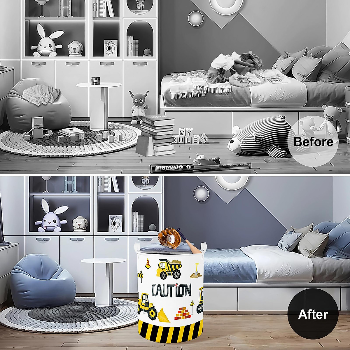 Clastyle 63L Large Yellow Engineering Car Kid Laundry Hamper with Handle Boy Bedroom Bathroom Nursery Collapsible Clothes Toy Storage Basket with Lid