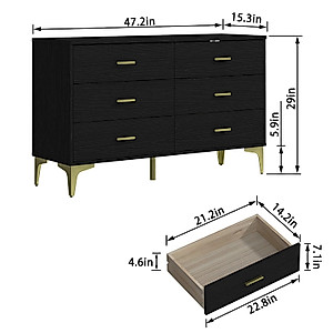 Modern 6 Drawer Wood Dresser, Wood Lateral Chest of Drawers Storage Organizer with Wide Drawers & Metal Gold Handles for Bedroom, Living Room, Hallway, Entryway