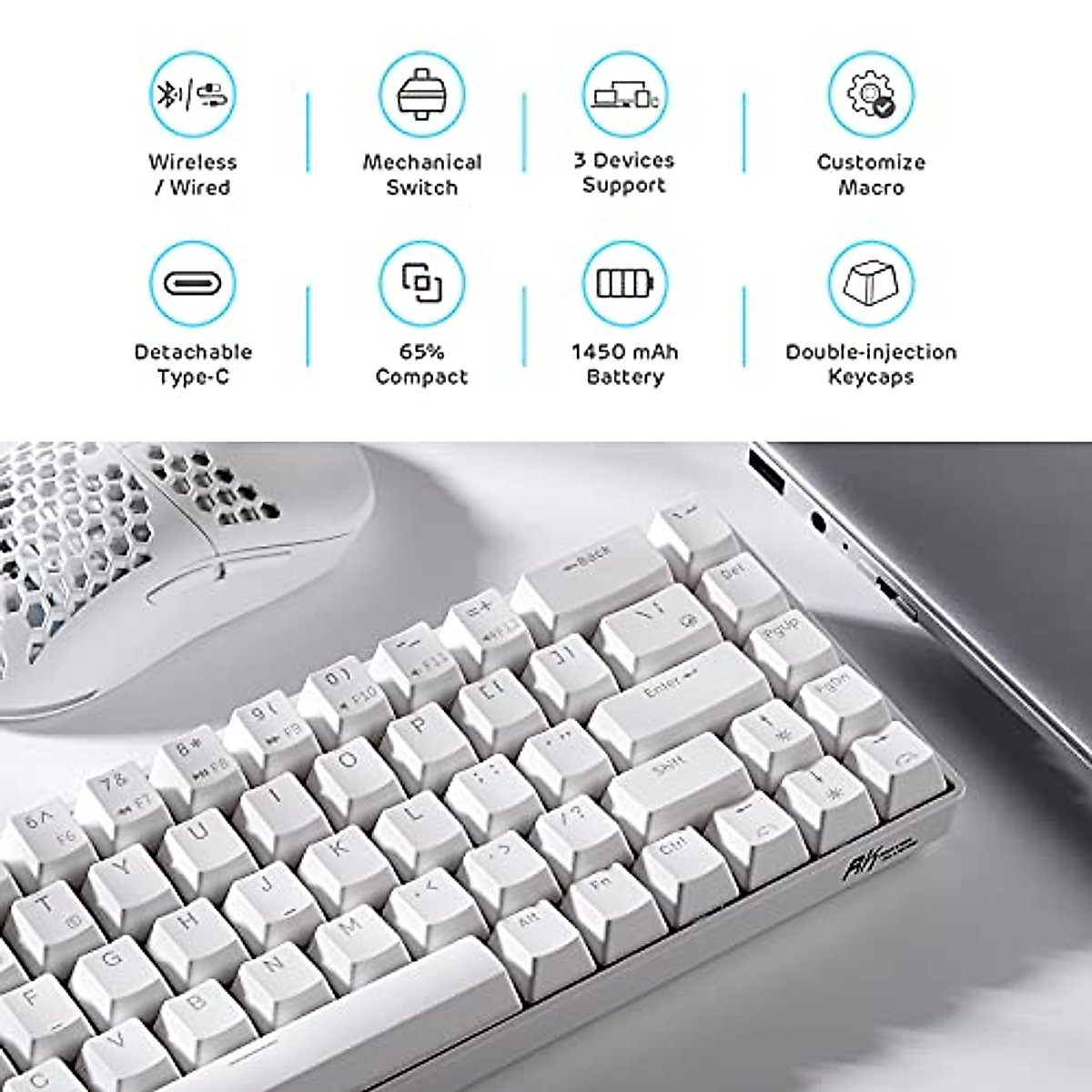 RK ROYAL KLUDGE RK68 Wireless Hot Swappable 65% Mechanical Keyboard, 68 Keys Compact BT5.0 Gaming Keyboard with Stand-Alone Arrow/Control Keys, Quiet Red Switch