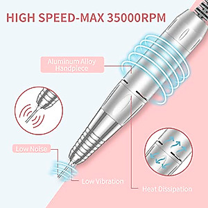 Portable Nail Drill Professional 35000 RPM, Rechargeable Electric Nail File Machine E File for Acrylic Nails Gel Polishing Removing, Cordless Efile with Bits Kit for Manicure Salon Home, Pink