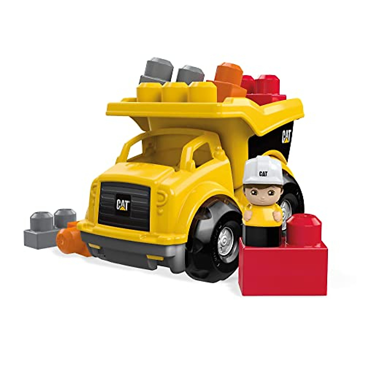 MEGA BLOKS Cat Toddler Blocks Building Toy Set, Lil’ Dump Truck with 7 Pieces and Storage, 1 Figure, Yellow, Ages 1+ Years