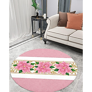 Christmas Fluffy Round Area Rug Carpets 5ft, Plush Shaggy Carpet Soft Circular Rugs, Non-Slip Fuzzy Accent Floor Mat for Living Room Bedroom Nursery Decor Luxurious Vintage Winter Flower Leaves Pink