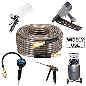 YOTOO Reinforced Polyurethane Air Hose 1/4" Inner Diameter by 100' Long, Flexible, Heavy Duty Air Compressor Hose with Bend Restrictor, 1/4" Swivel Industrial Quick Coupler and Plug, Gray