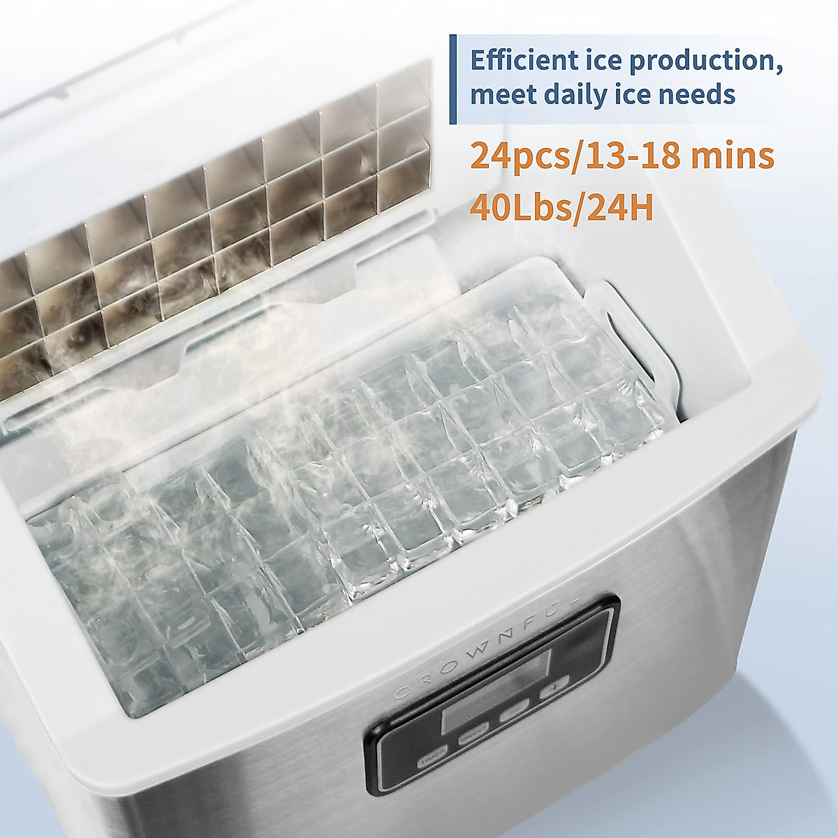 CROWNFUL Ice Maker Machine Countertop, 40LBS/24H, 24 Clear Ice Cubes in 13 Mins, Auto Self-Cleaning, LCD Display, Compact Portable Ice Maker with Scoop and Basket for Home/Office/Kitchen/Bar