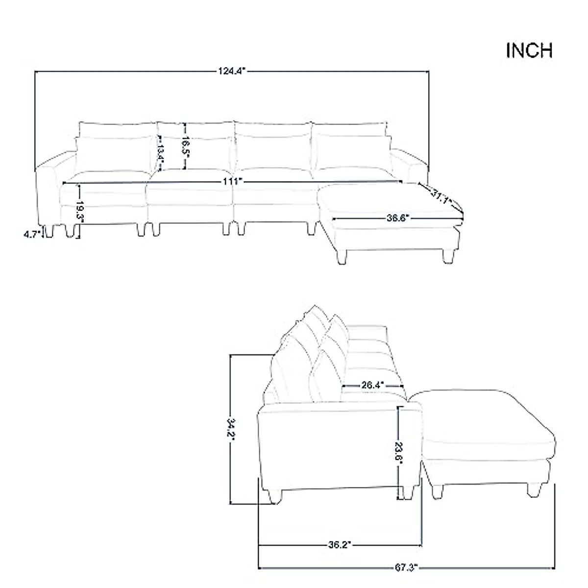 Lepfun Oversized Fabric Set, Extra Large L Shaped Reversible Chaise Sectional Couch, 124.4” Width, 4 Seat Modular Sofa with Storage Ottaman, Dark Grey