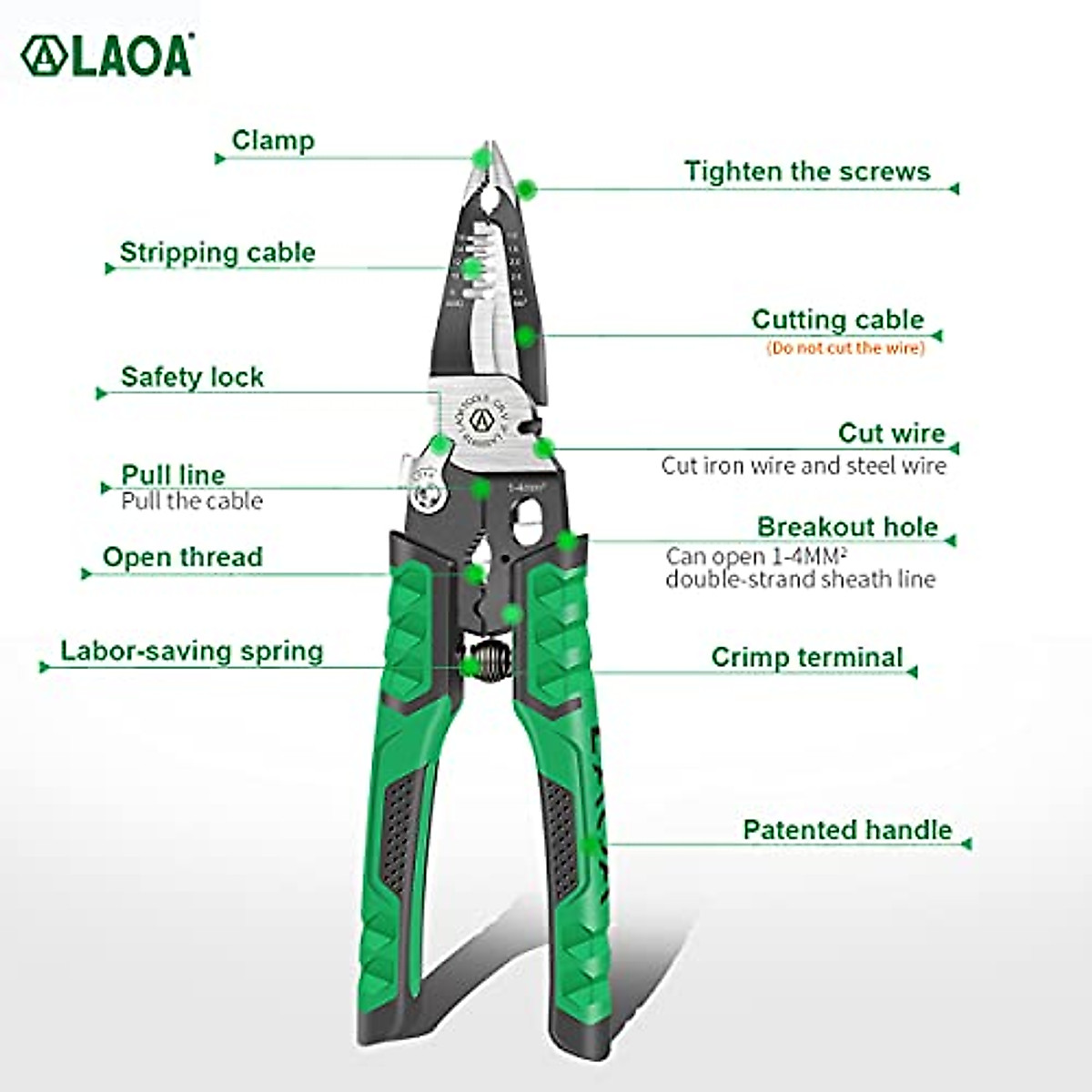 LAOA Needle Nose Pliers Electrician Pliers Wire Stripper Wire Stripper Tool,9-in-1 Multifunctional for Clamping,Tightening Screws,Stripping Wires,Cutting Cables,Iron Wires with 1pc Spring