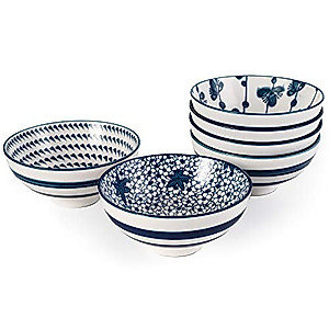 Foraineam 6 Pieces Blue and White Floral Rice Bowl Set 8 oz Japanese Style Cereal Bowls, Assorted Designs